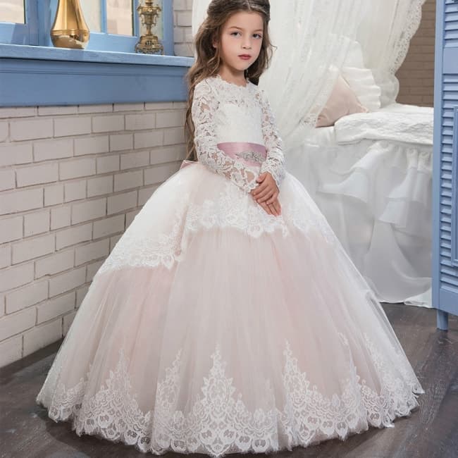 Norma Floral Lace Long Sleeve Girls Wedding Princess Dress Princess